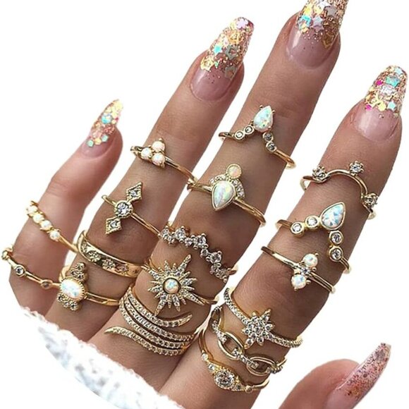 Other | Crystal Kunckle Finger Ring Set Boho Stackable Rhinestone Gold ...